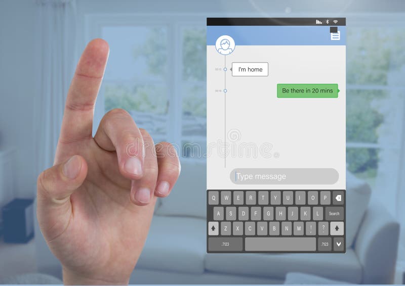 Hand Touching Air and Social Media Messenger App Interface at Home ...