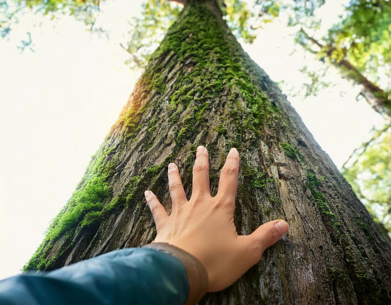 Hand Touching an Ancient Tree Trunk, Connecting Human and Nature in a ...