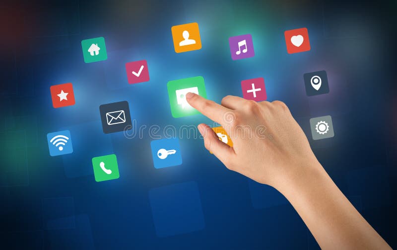 Hand touching apps stock illustration. Illustration of icon - 102128599