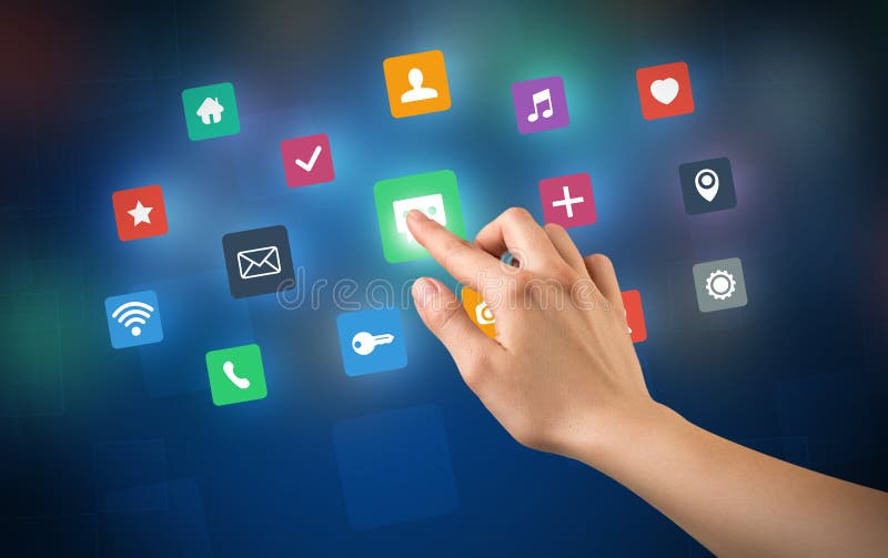 Hand touching apps stock photo. Image of business, hold - 94414842