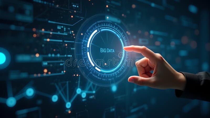 Hand Touching Big Data Interface. Concept of Technology, Analytics, and ...