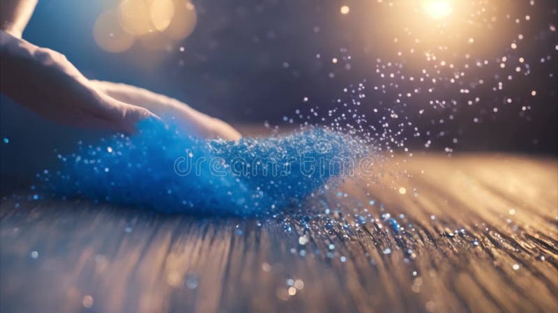 Hand Touching Blue Glitter Exploding on Wooden Surface Stock Footage ...