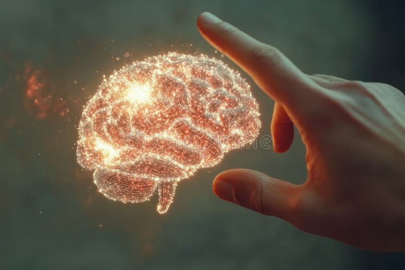 A Hand is Touching a Brain that is Glowing Stock Image - Image of ...