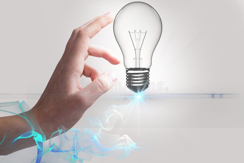 Hand Touching a Bulb Light in White Background Stock Photo - Image of ...