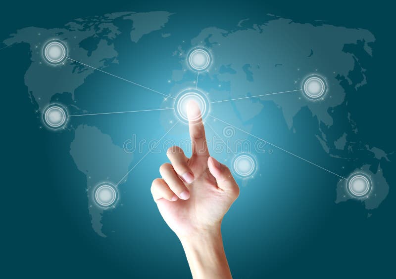 Hand Touching Button on the Screen World Stock Image - Image of male ...