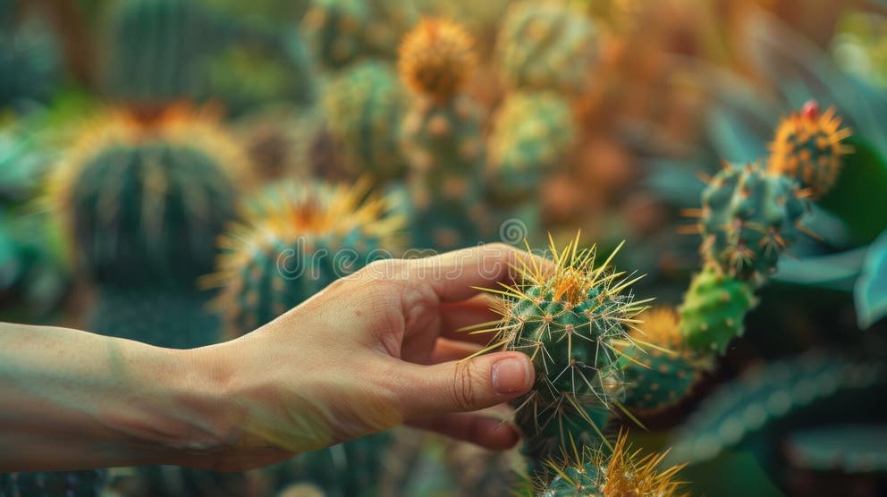 The Hand Touching Cactus.AI Generated Image Stock Photo - Image of ...
