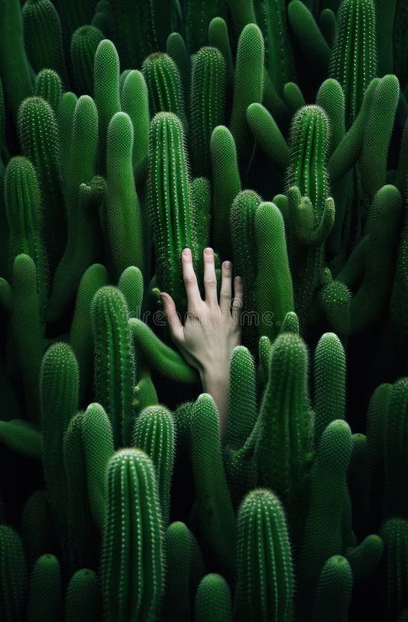 A hand touching a cactus stock illustration. Illustration of generated ...