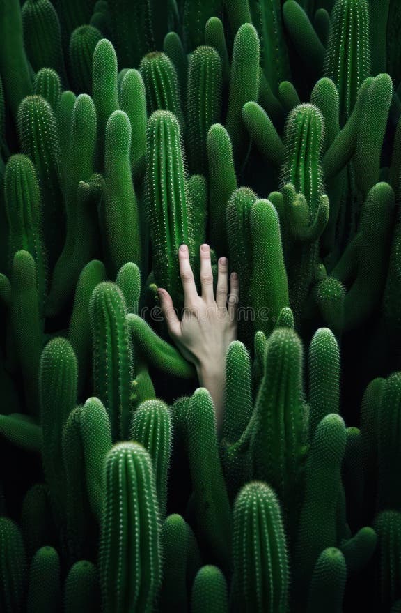 A hand touching a cactus stock illustration. Illustration of generated ...