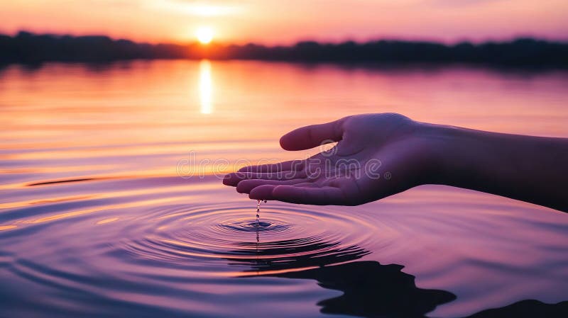 Hand Touching Calm Lake Water at Sunset Stock Photo - Image of colors ...