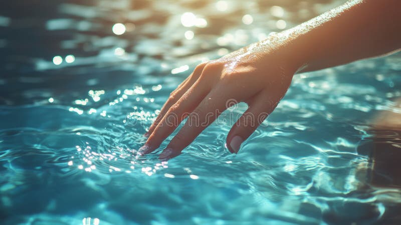 Hand Touching Clear Water with Sunlight Creating Ripples Stock Image ...