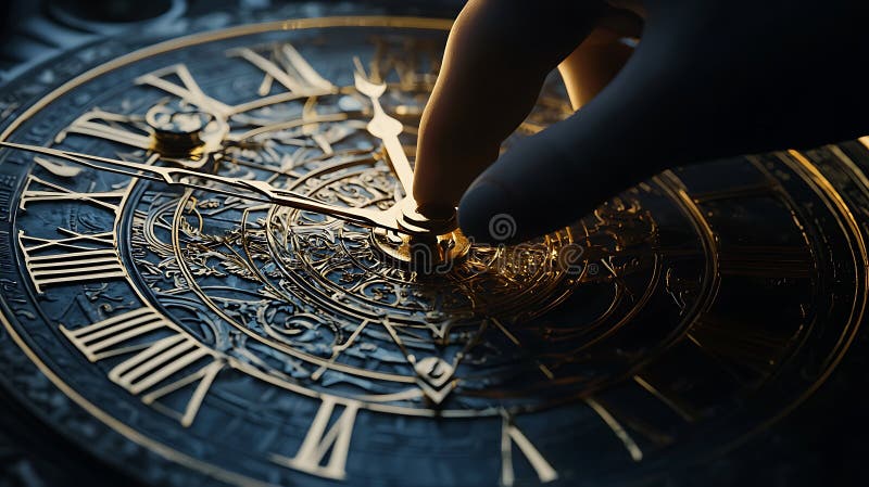 A Hand is Touching a Clock with Roman Numerals Stock Image - Image of ...