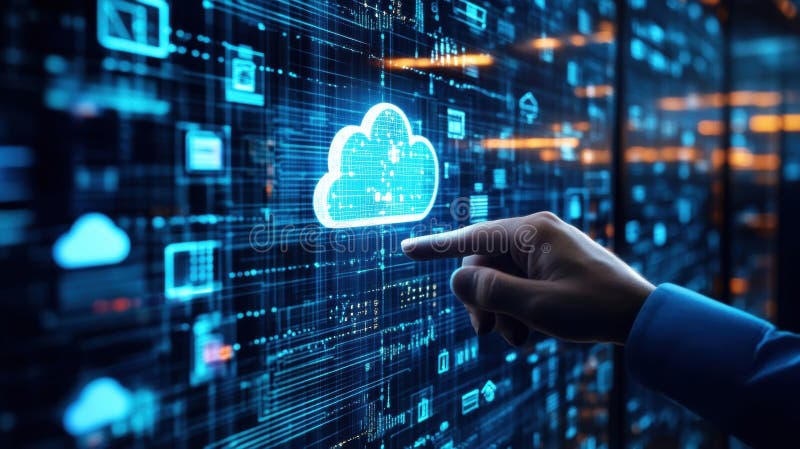 A Hand Touching a Cloud Icon on a Screen Stock Illustration ...