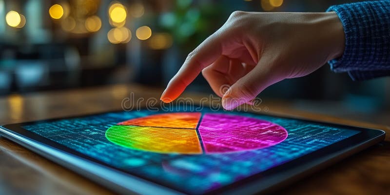 Hand Touching Colorful Digital Pie Chart on Tablet Screen in a Modern Data Analysis Interface ...