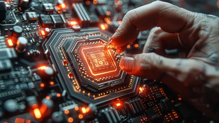 A Hand is Touching a Computer Chip. Stock Photo - Image of data ...