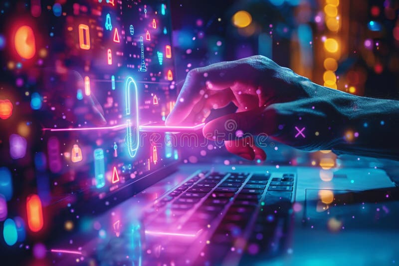 A Hand is Touching a Computer Keyboard with a Glowing Screen Behind it ...