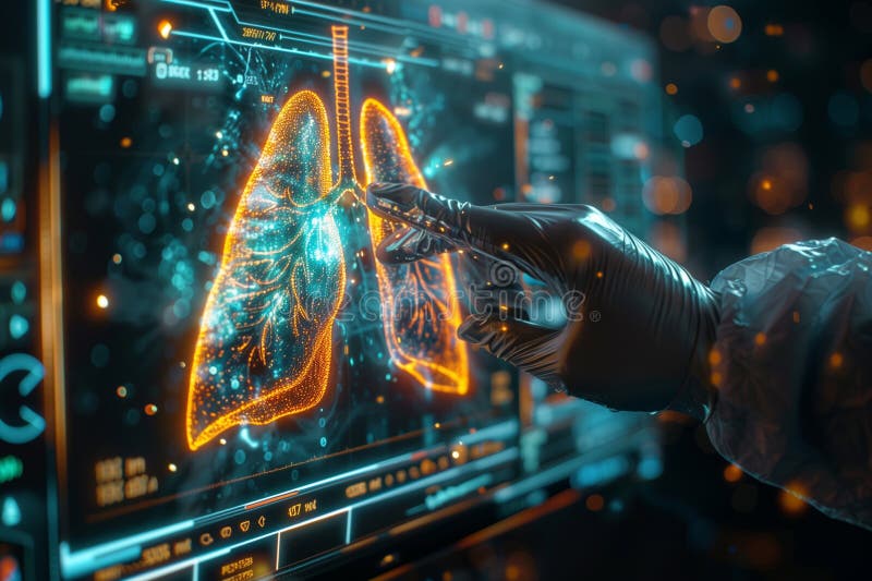 Hand Touching Computer Screen Displaying Lung Image Stock Illustration ...