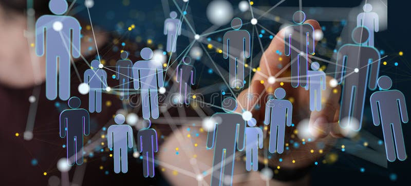 Hand Touching 3D Rendered Human Icons in a Constellation, a Digital ...