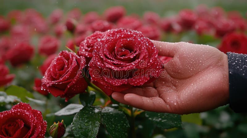Hand Touching Dew-covered Red Roses in a Garden Stock Image - Image of ...