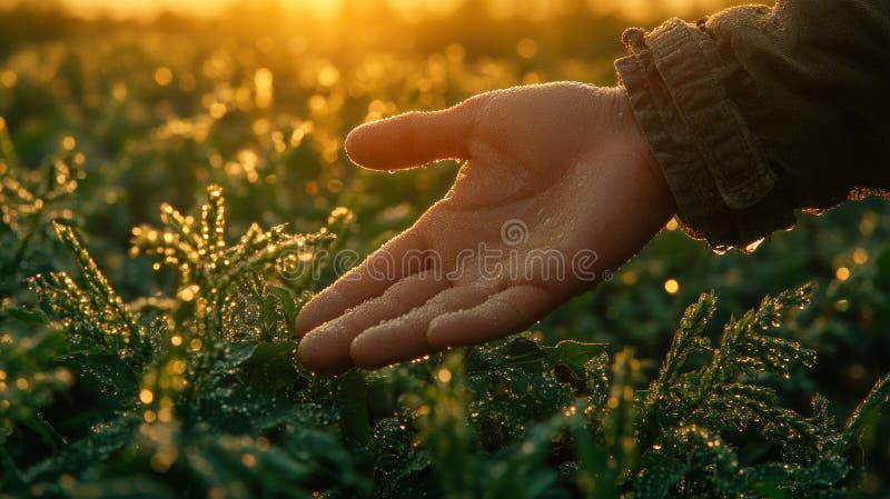 Hand Touching Dewy Plants in a Field at Sunrise Stock Illustration ...