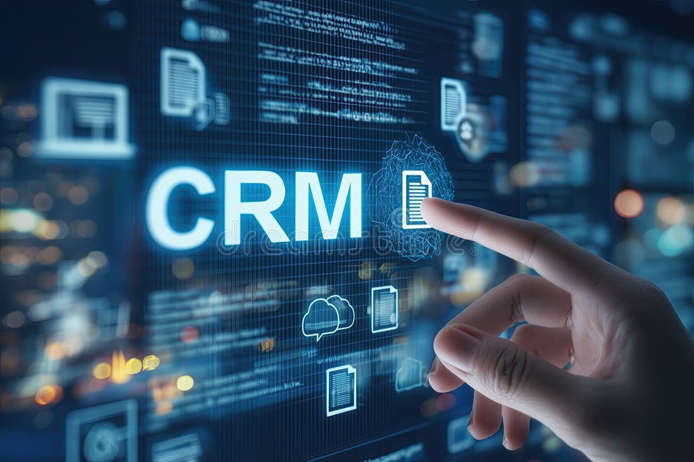 Hand Touching Digital CRM Icon on Futuristic Screen with Data and ...