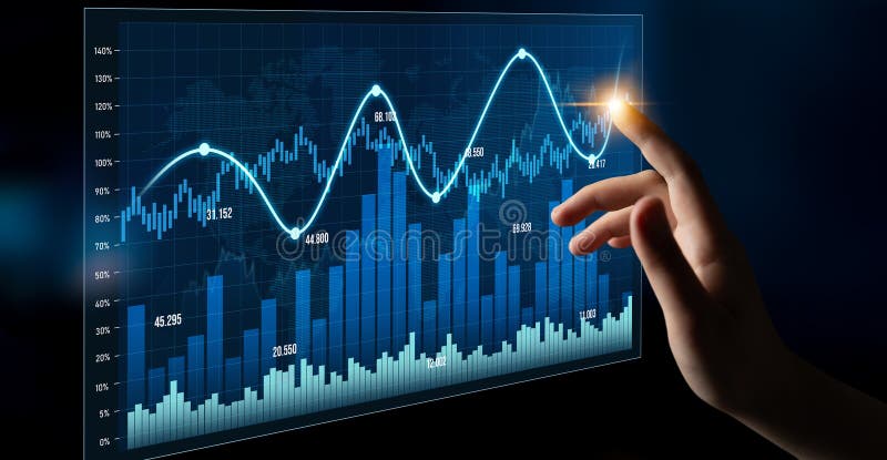 Hand Touching Digital Financial Chart with Data Visualization, Stock Market Trends, Analytics ...
