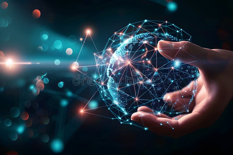 Hand Touching Digital Global Network Hologram Concept Stock ...
