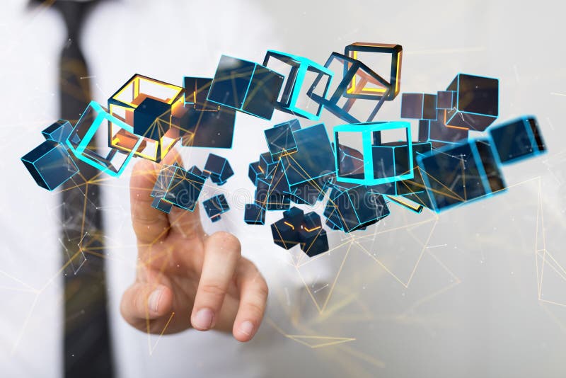 Hand Touching Digital Hovering Cubes. Cyberspace, System, Blocks Stock ...