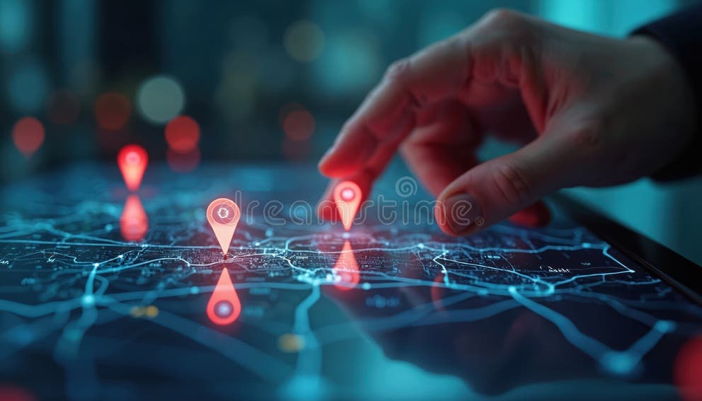 Hand Touching Digital Interactive Map Interface with Glowing Location ...