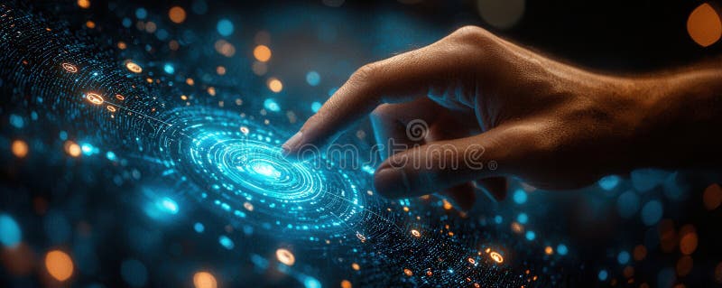 Hand Touching Digital Interface with Futuristic Blue Light Stock Image ...
