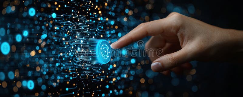 Hand Touching Digital Interface with Futuristic Blue Light Stock Photo ...