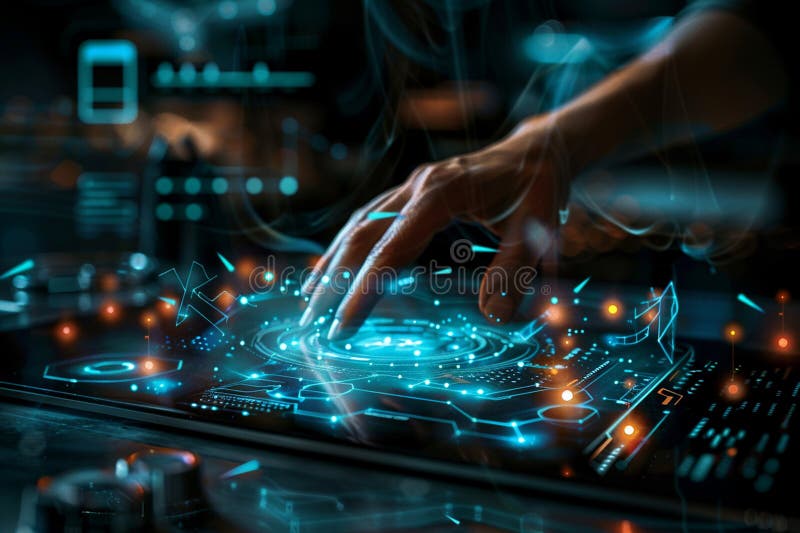 Hand Touching Digital Interface with Holographic Elements, Blue Lights ...