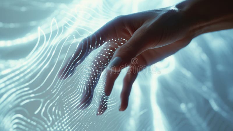 Hand Touching Digital Light Waves in Futuristic Setting Stock Photo ...