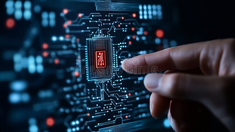 Hand Touching Digital Microchip on Circuit Board Stock Illustration ...