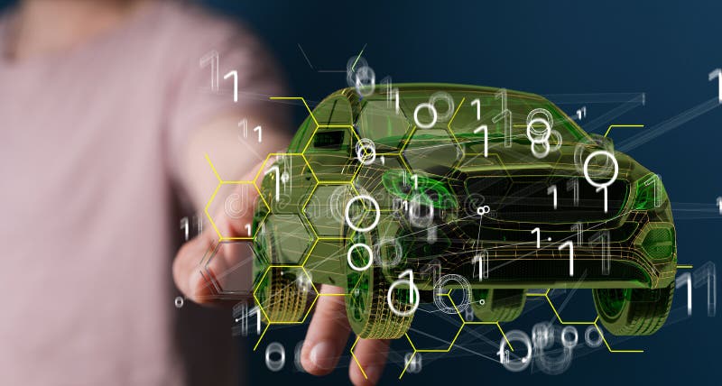 Hand Touching the Digital Model of a Green Car - Energy Car Technology ...