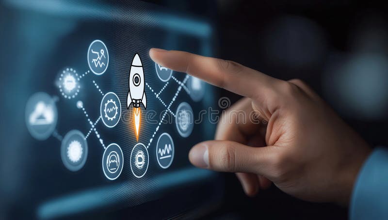 Hand Touching Digital Rocket Icon Symbolizing Innovation and Growth ...