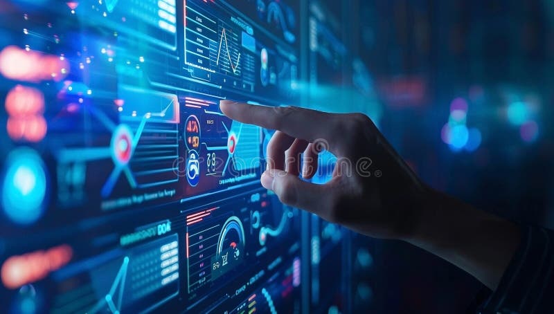 Hand Touching Digital Screen with Data and Charts,representing ...