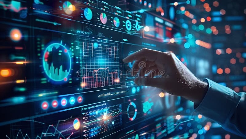 Hand Touching Digital Screen with Data and Charts,representing ...