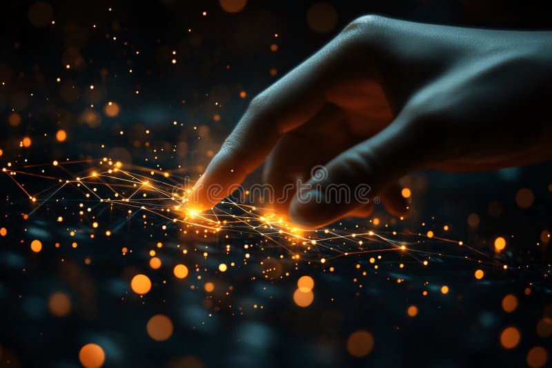 Hand Touching Digital Spark Stock Image - Image of circuit, dots: 373259529