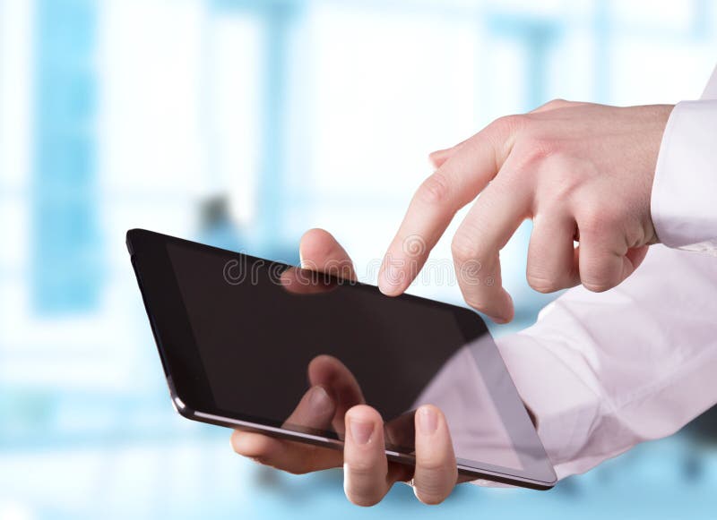 Hand Pressing on Screen Digital Tablet Stock Photo - Image of finger ...