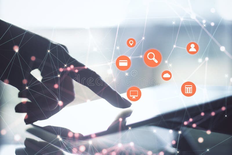 Hand Touching Digital Tablet Computer with Polygonal and Computer Cloud ...