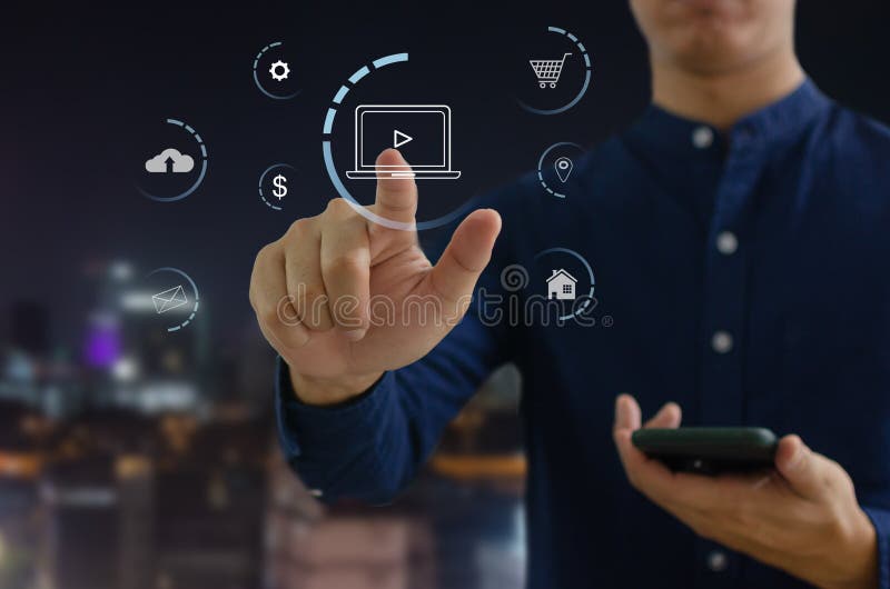 Hand Touching Digital Virtual Screen Marketing Concept Icon Business ...