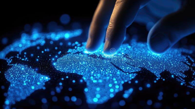 Hand Touching Digital World Map with Glowing Blue Connections and Data ...