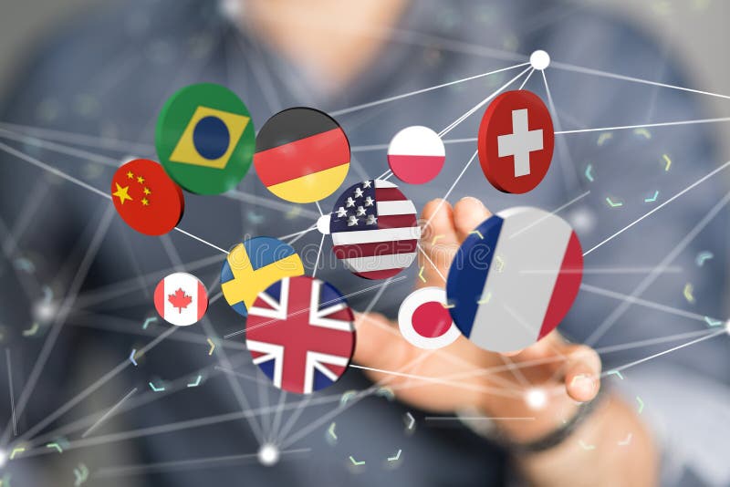 Hand Touching Floating 3D Flags of Many Countries Stock Photo - Image ...