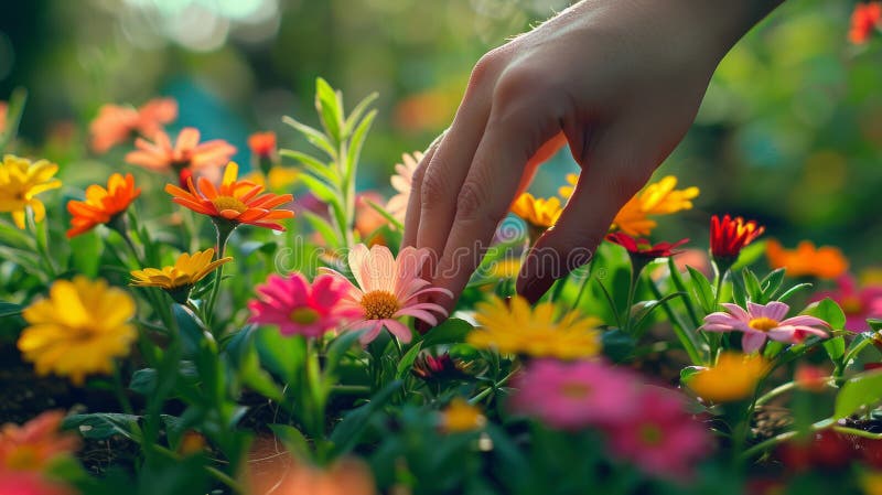Hand Touching Flowers in a Garden. Stock Photo - Image of ecology ...