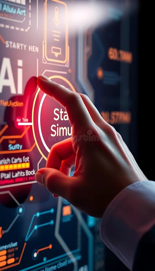 Hand Touching Futuristic Ai Interface with Start Simulation Option ...