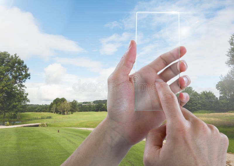 Hand Touching Glass Tablet in Nature Park with Sky Stock Photo - Image ...