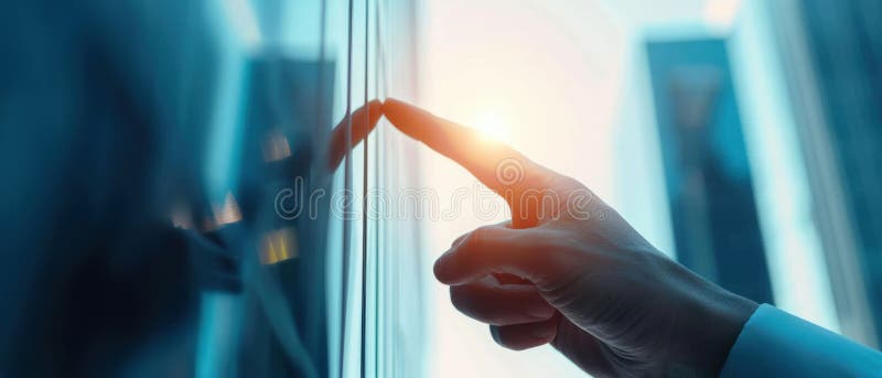Hand Touching Glass Wall with Sunlight. Generative Ai Stock ...