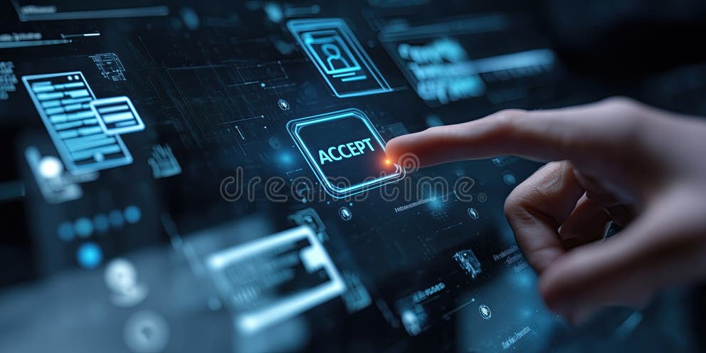 Hand Touching Glowing Accept Button on Futuristic Digital Interface ...