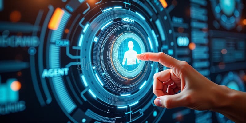 Hand Touching Glowing AI Agent Icon and Business Analytics Interface ...