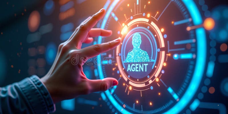 Hand Touching Glowing AI Agent Icon and Business Analytics Interface ...